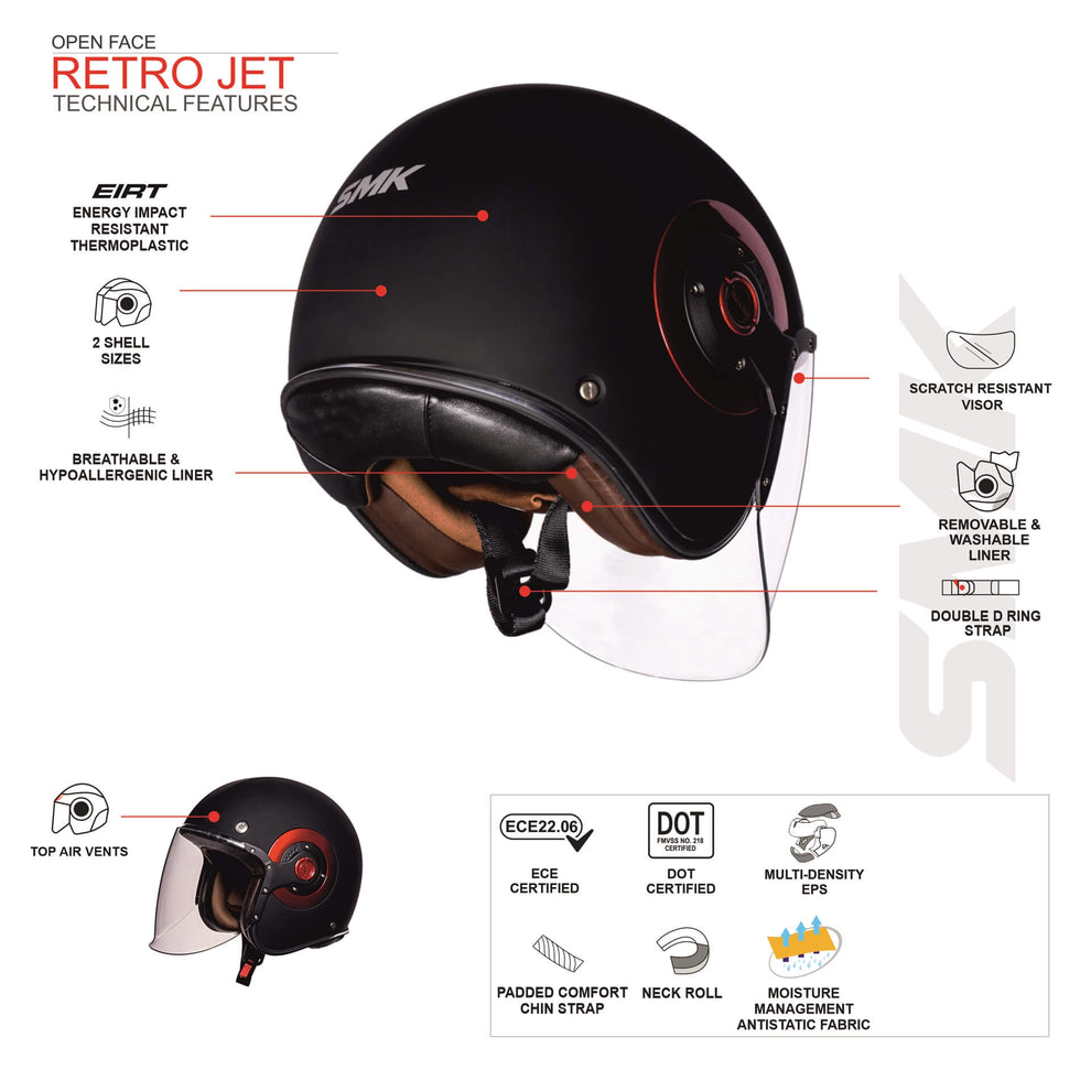SMK Retro Jet Solid - Open Face Helmet – Motogear Performance